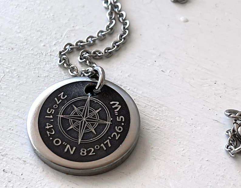 Men's Compass Star Custom Coordinates Pendant With Stainless Chain ...