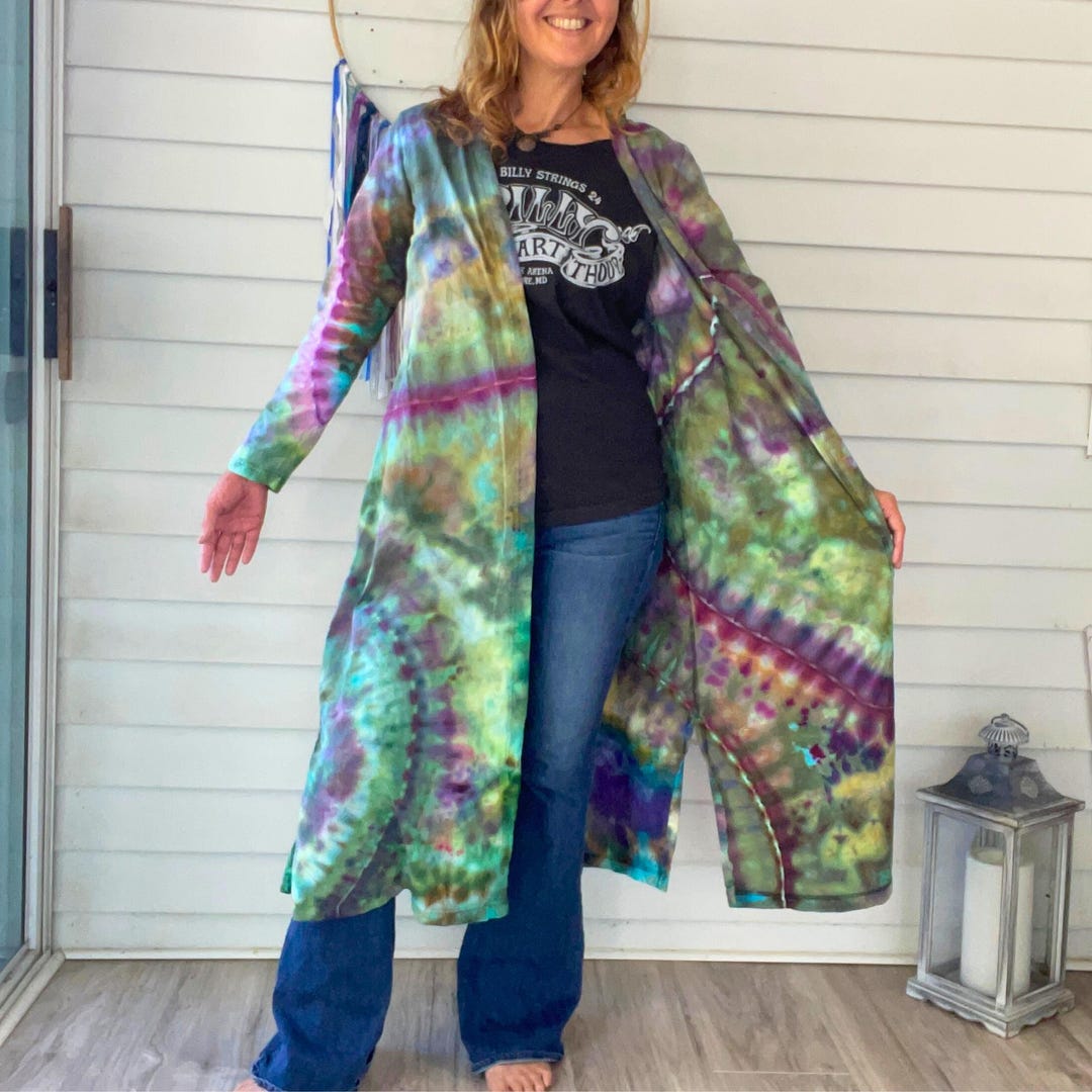 Tie Dye Maxi Long Sleeve Duster | Size Small | 100% Cotton Full Length ...