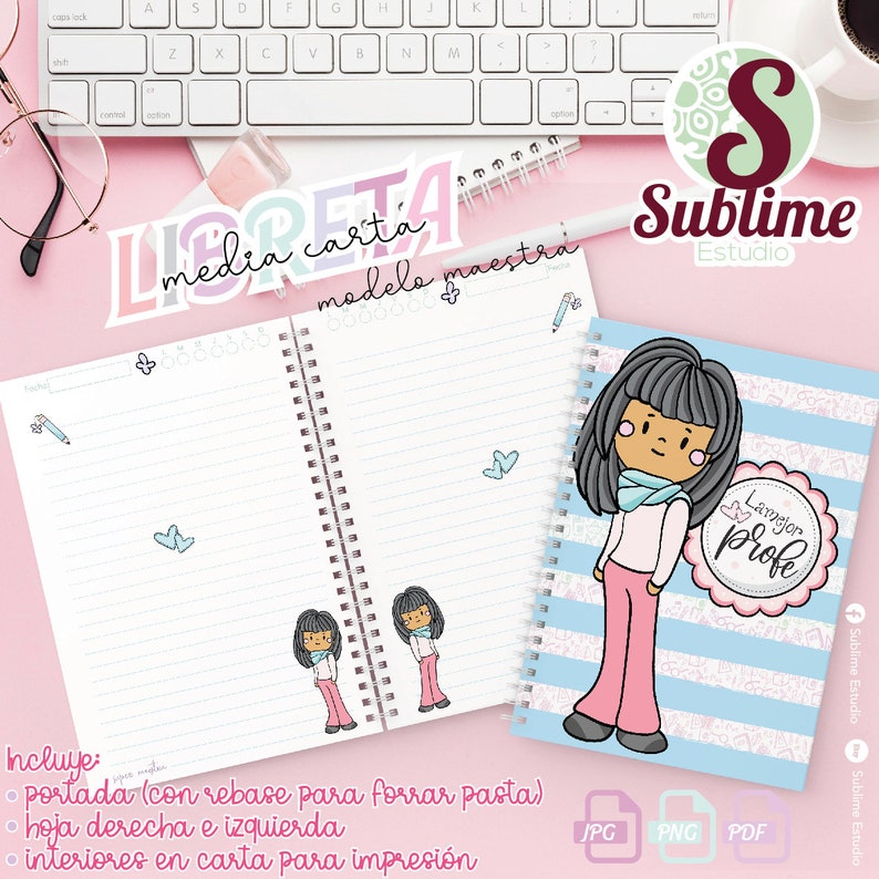 Paquete de libretas y cubiertas para maestra digitales listas para imprimir tamaño media carta ...