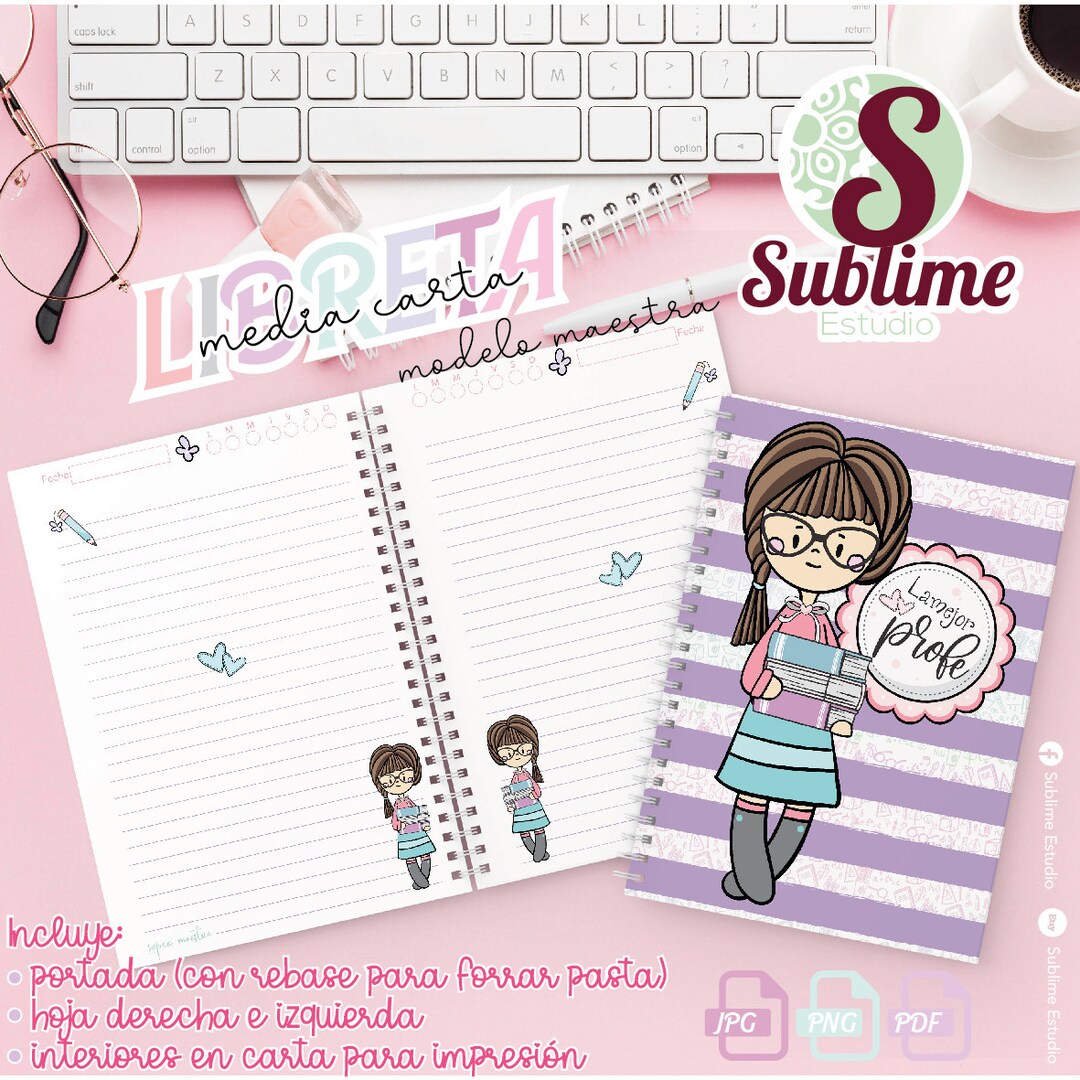 Paquete de libretas y cubiertas para maestra digitales listas para imprimir tamaño media carta ...