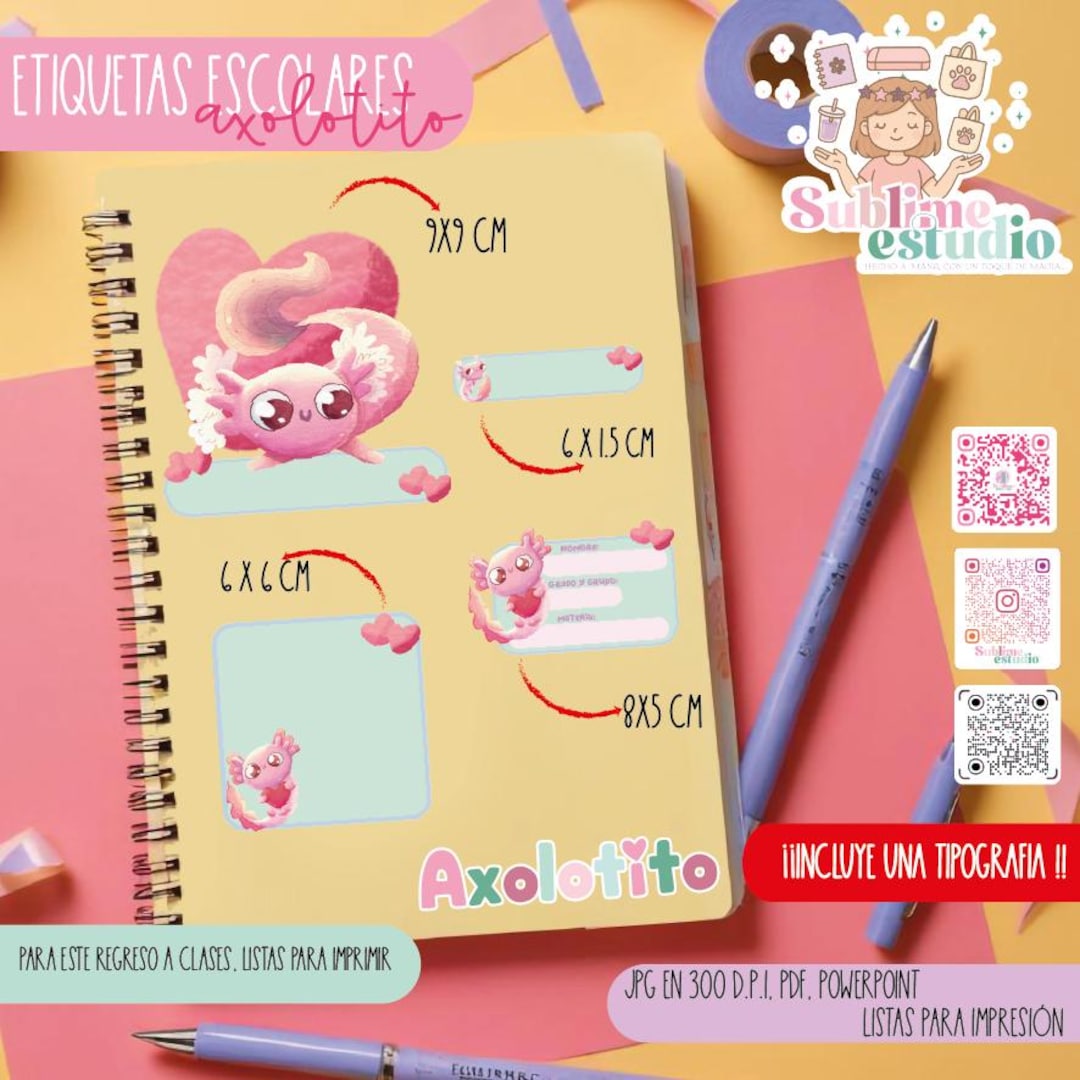 Axolotl School Labels - School Label Designs. Digital School Label File ...