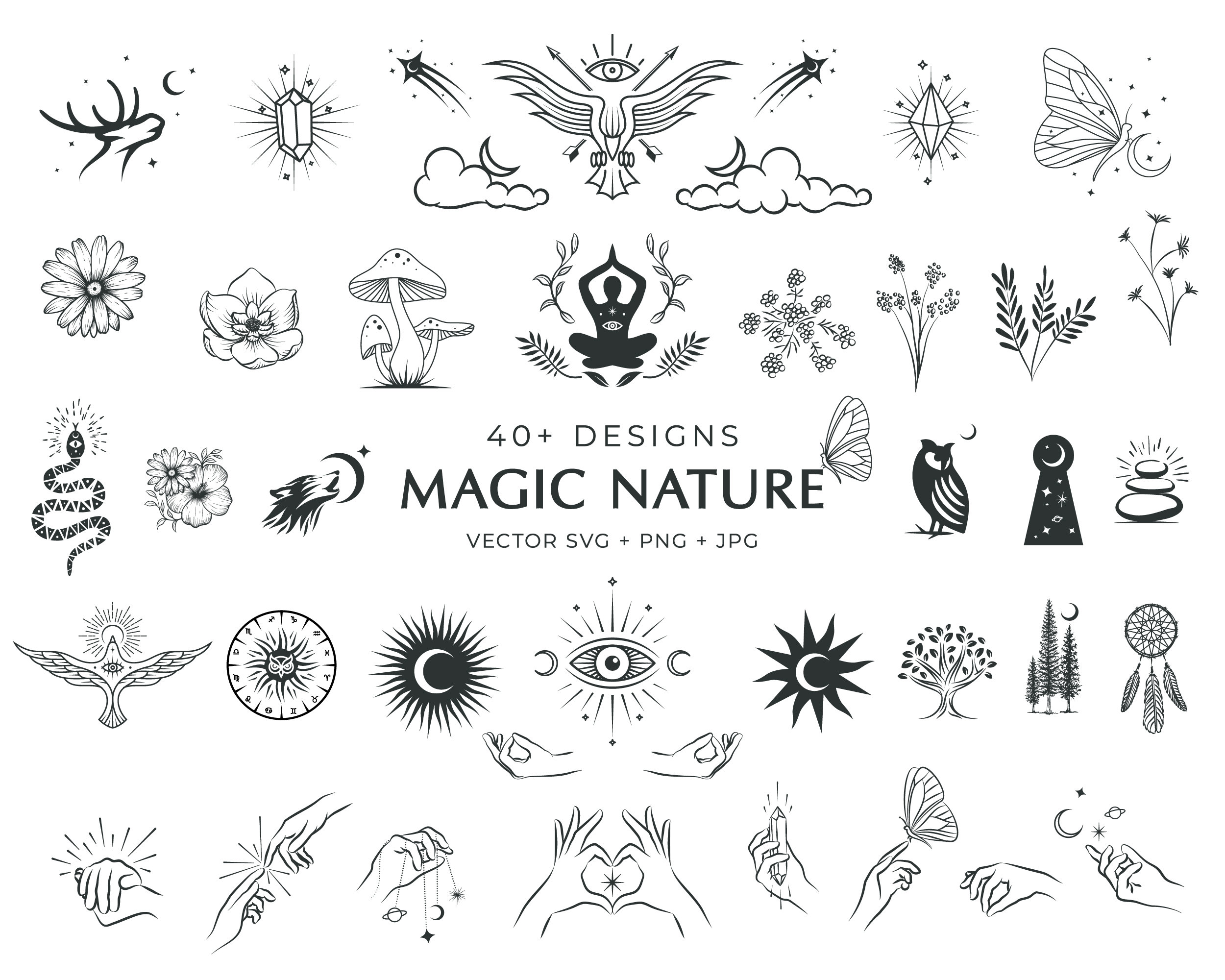 Magic Nature Vector Icon Set. Celestial Mystical Clip Art. Yoga Logo ...