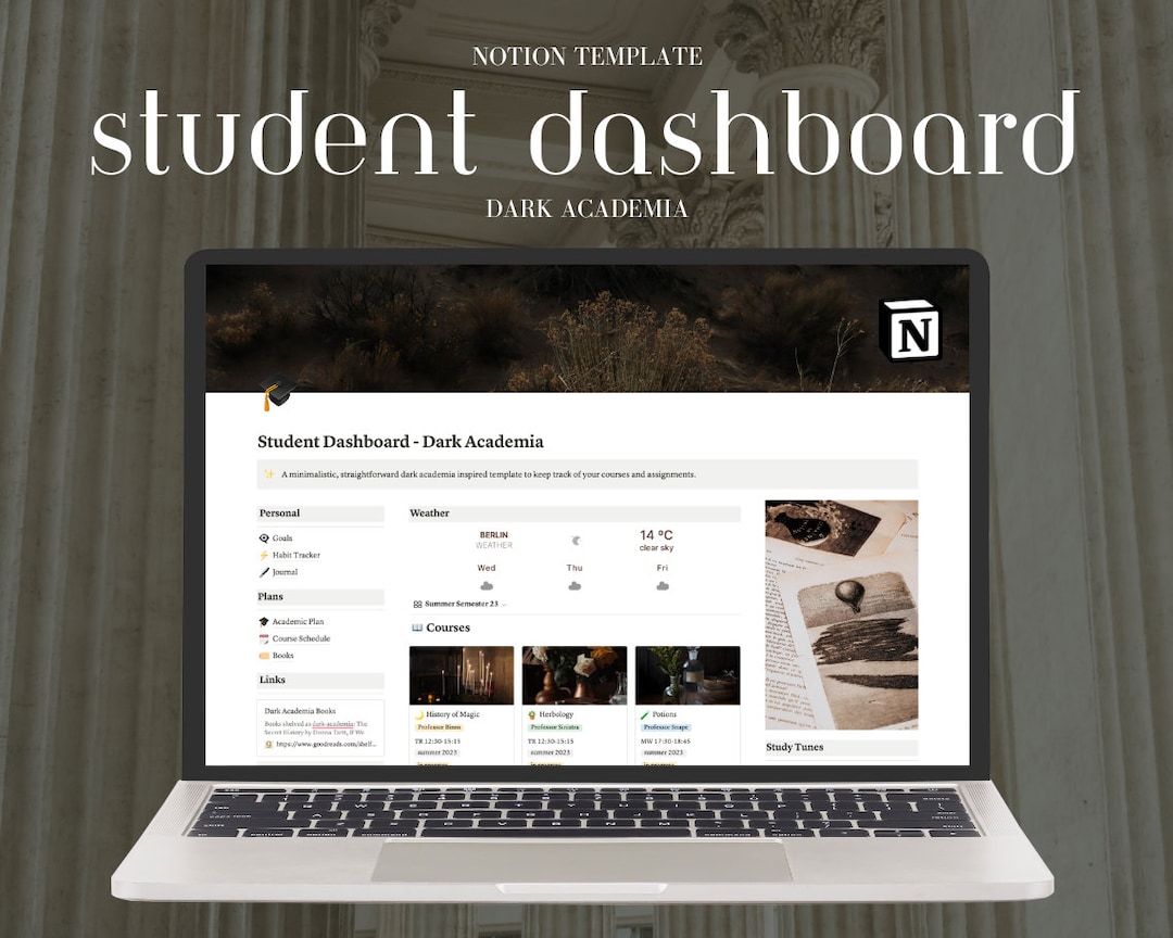 Notion Template, Notion Student Planner Dashboard, Dark Academia ...