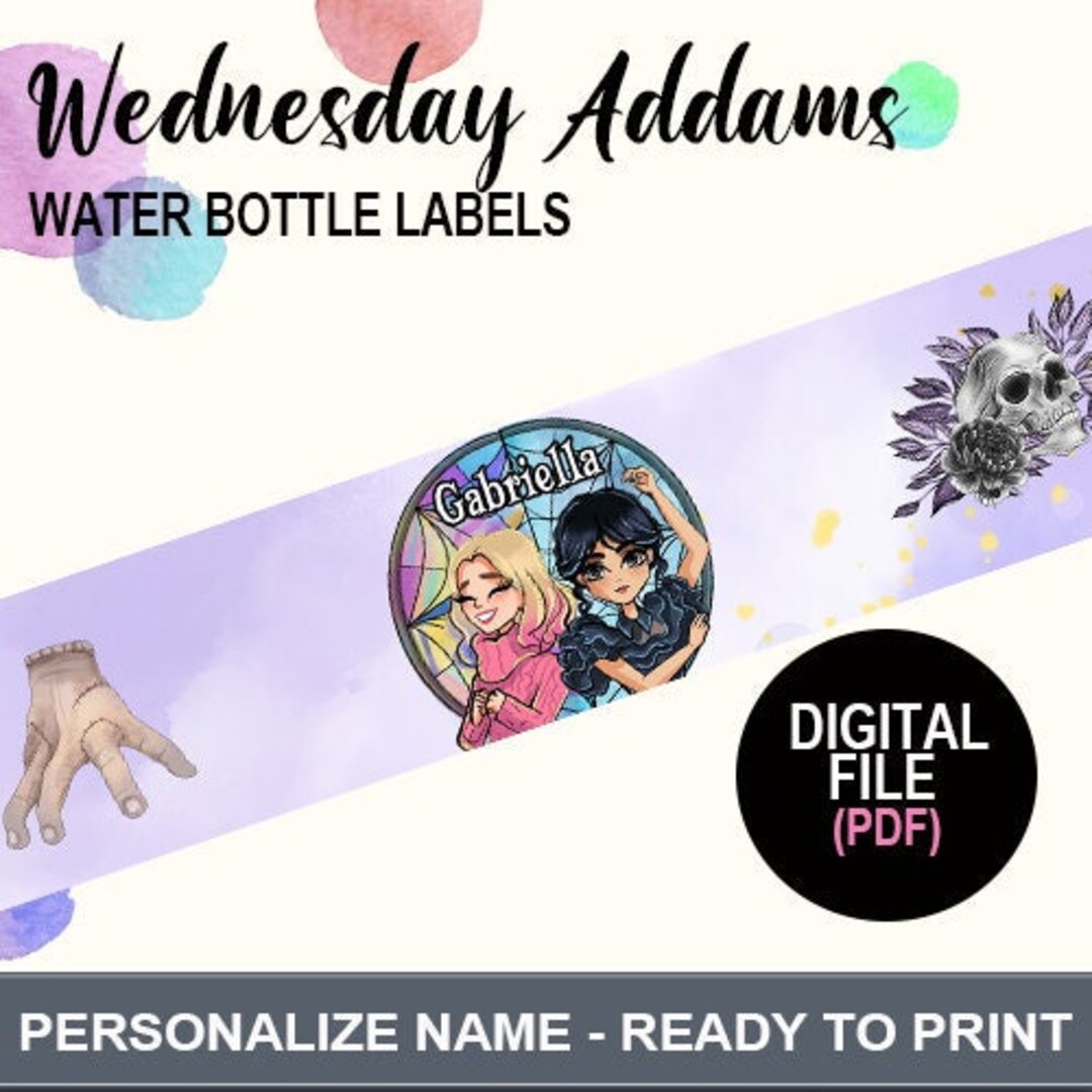 DIGITAL Printable File Wednesday Addams Theme Water Bottle Labels for ...