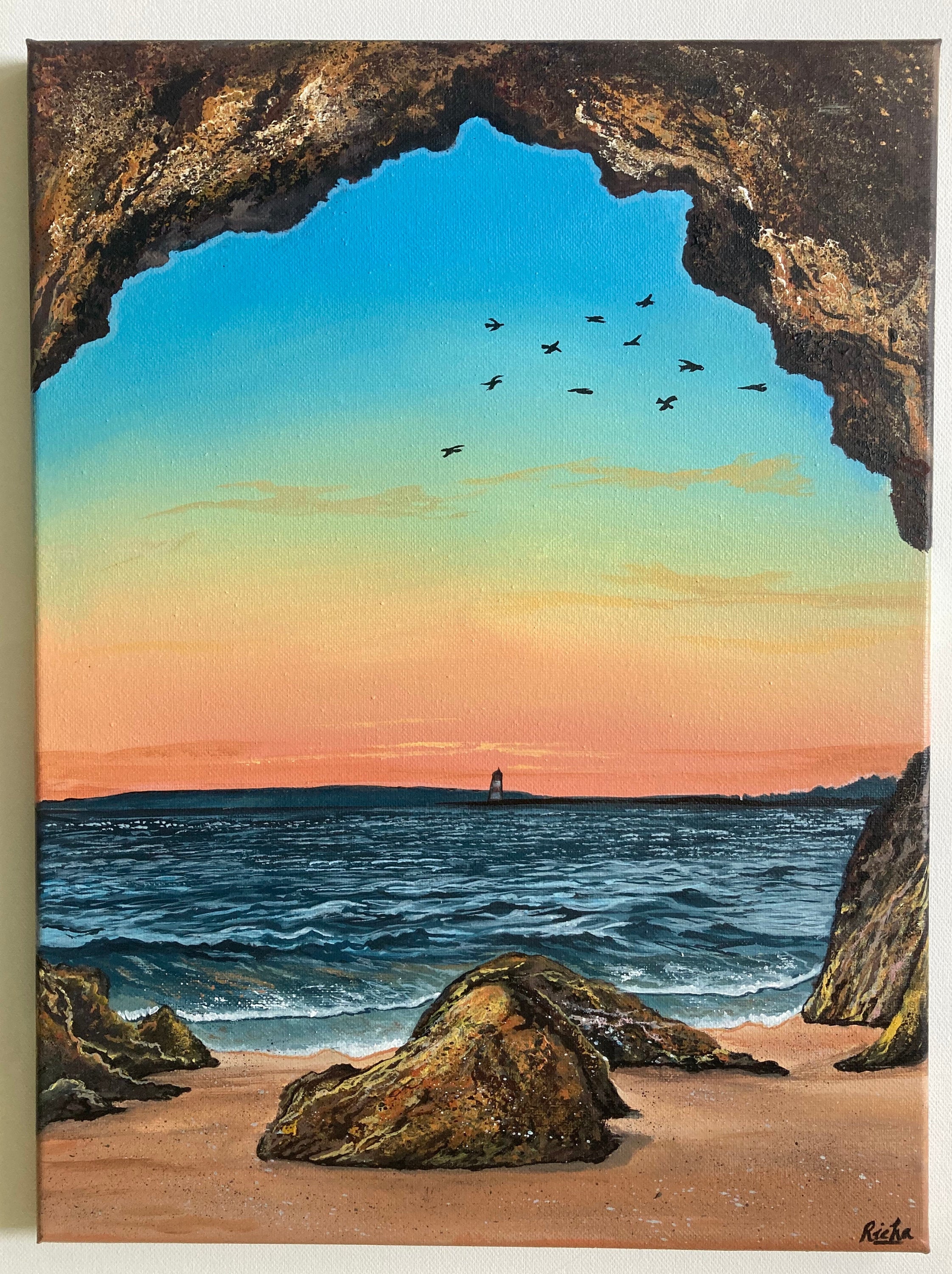Sunset Painting,rock Painting,beach,sea Waves,ocean Painting,sunset ...