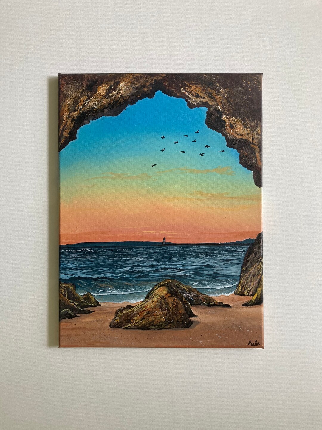 Sunset Painting,rock Painting,beach,sea Waves,ocean Painting,sunset ...