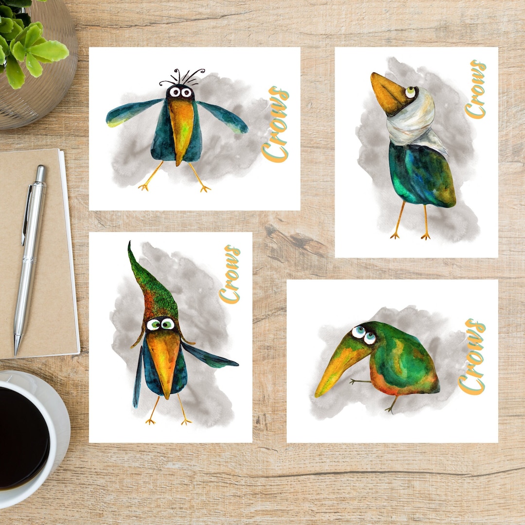 Silly Crows Postcard or Notecard Set | 4 Postcards or Notecards | 130 ...