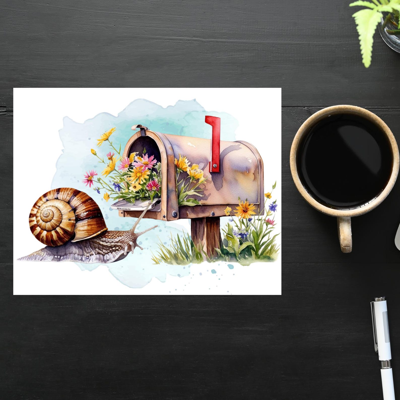 Watercolor Snails and Mailboxes Postcard Set | 4 Postcards | 130 Thick ...
