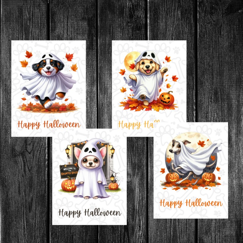 Cute Halloween Ghost Dogs Postcard Set | 4 Postcards | Thick Cardstock ...