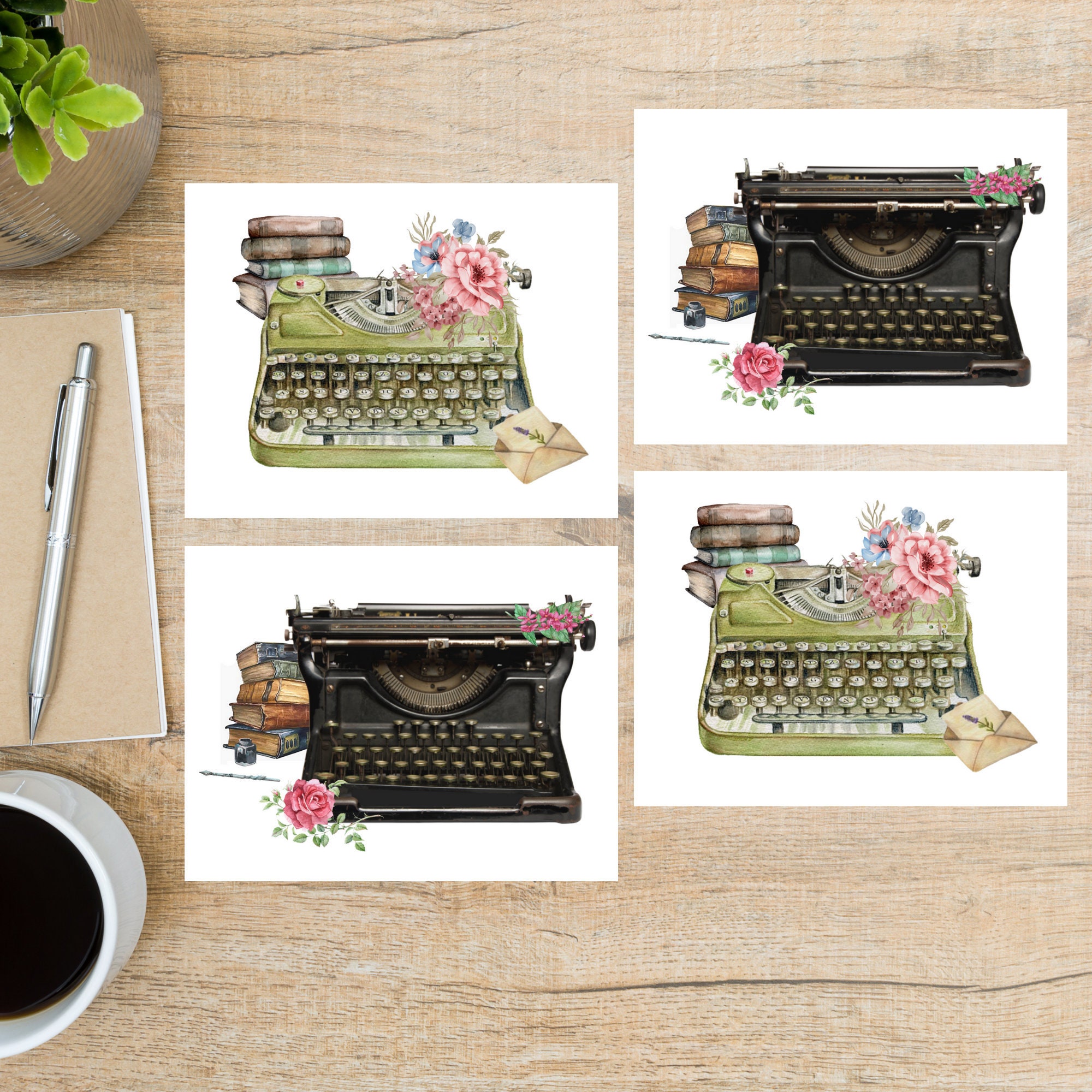 Vintage Watercolor Typewriter and Books Postcard Set | 4 Postcards ...