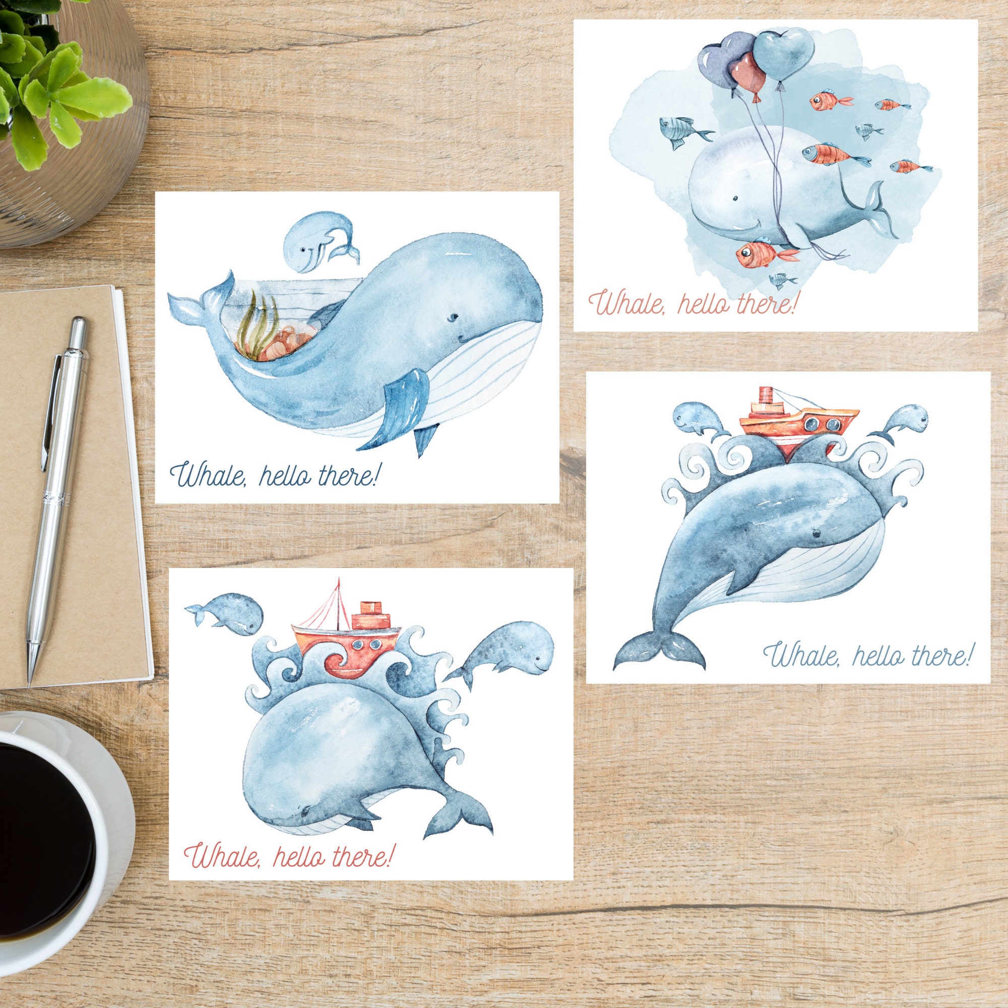 Cute Whales Postcard Set 4 Postcards 130 Thick Cardstock | Etsy