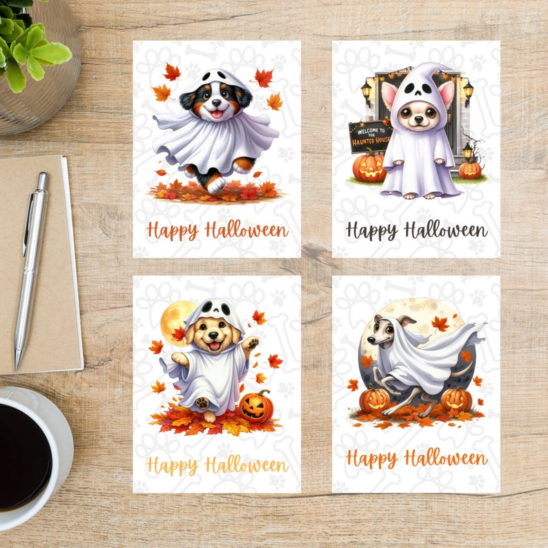Cute Halloween Ghost Dogs Postcard Set | 4 Postcards | Thick Cardstock ...