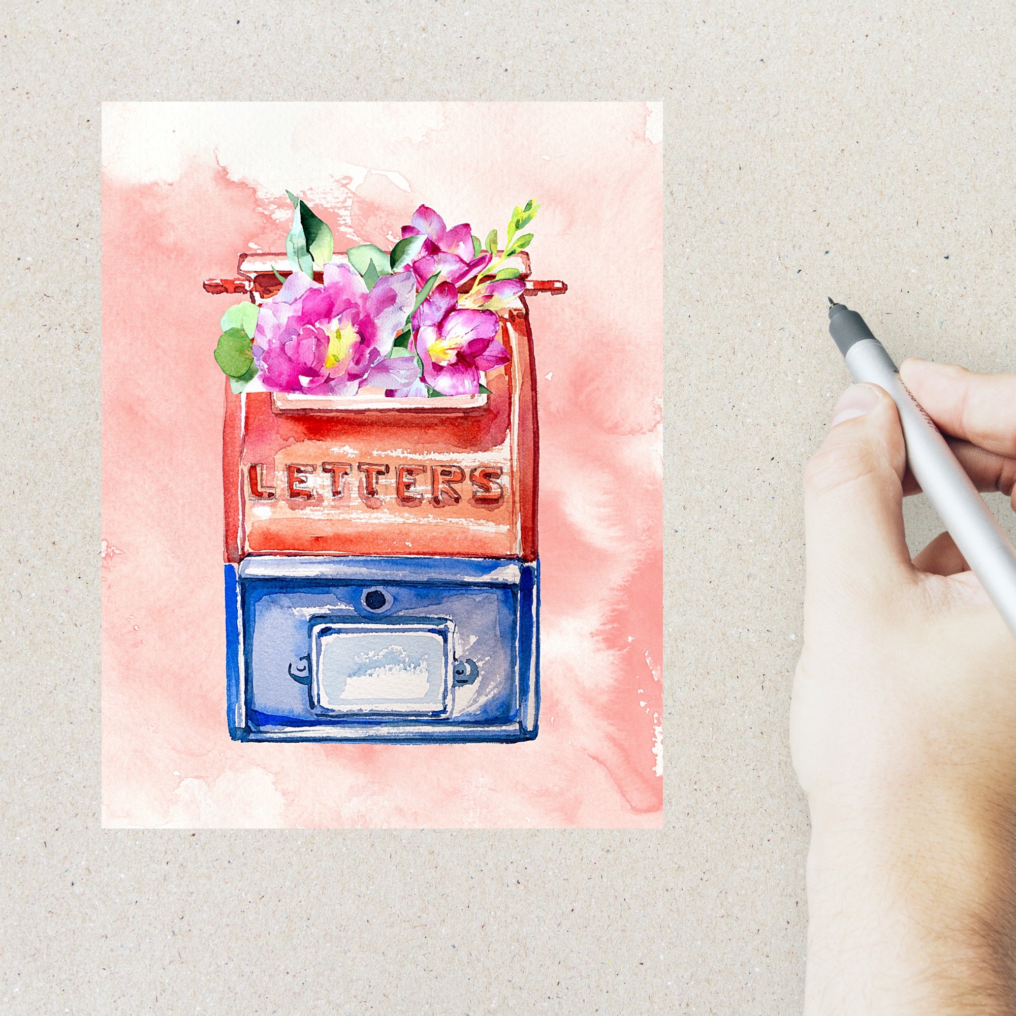 Watercolor Mailboxes and Flowers Postcard Set 4 Postcards - Etsy