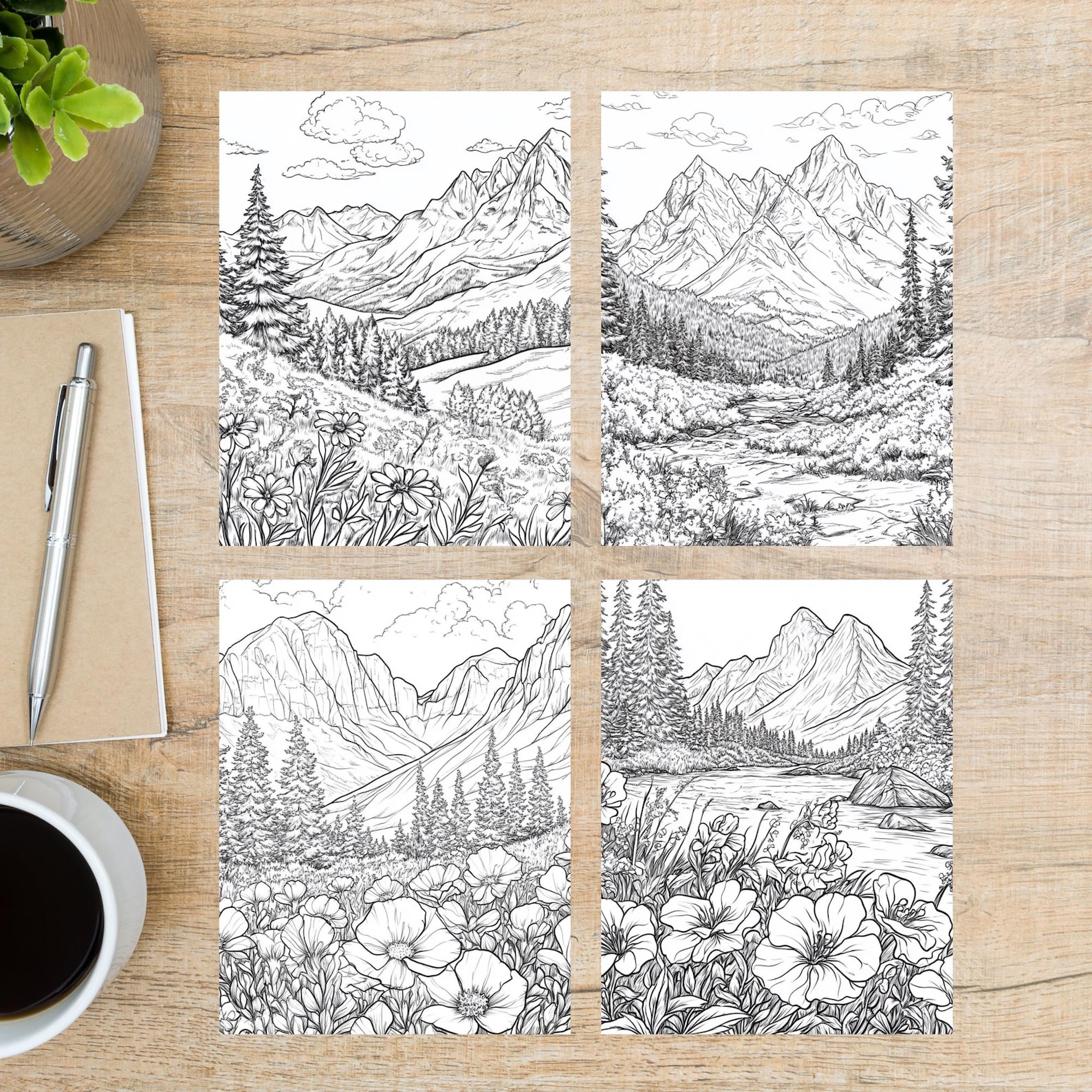 Postales para colorear de paisajes de montaña / Juego de 4 postales o ...