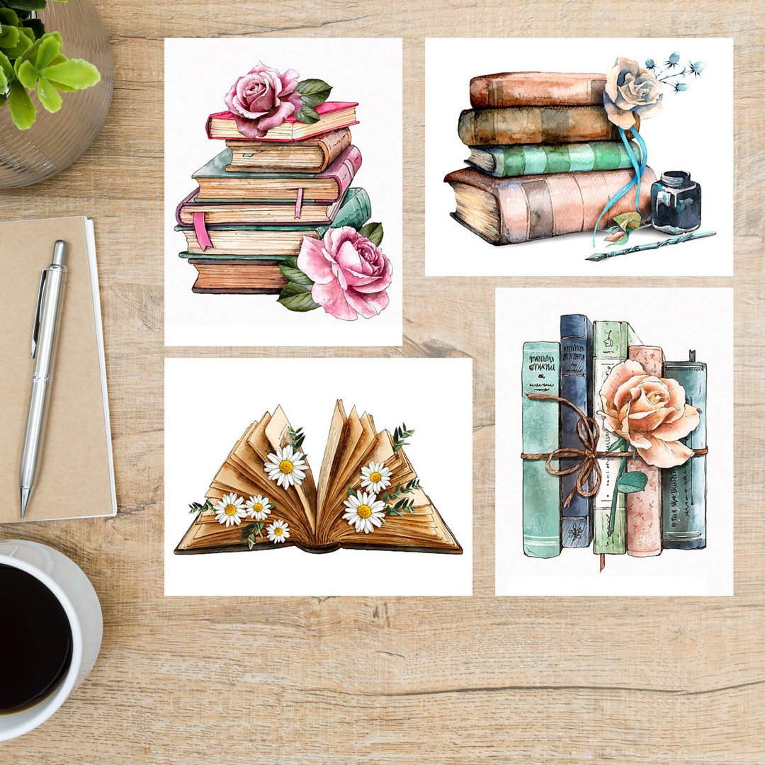 Books and Flowers 2 Postcard Set | 4 Postcards or Notecards | 130 Thick ...