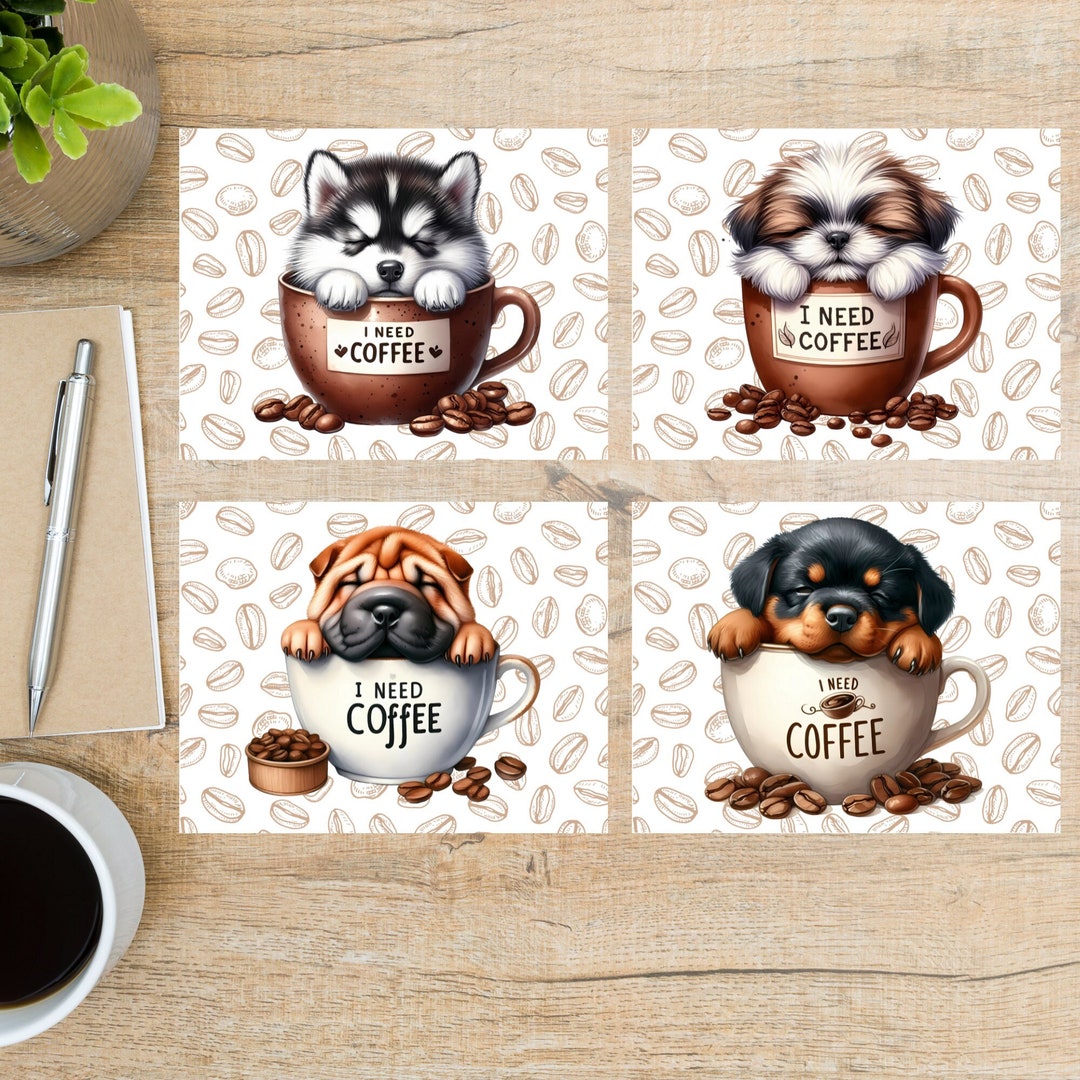 Coffee Dogs 1 Postcard Set | 4 Postcards or Notecards | 130 Thick ...