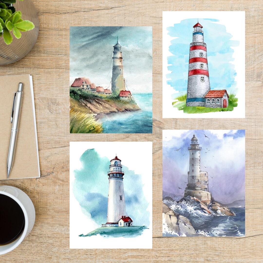 Watercolor Lighthouses Postcard Set 4 Postcards 130 Thick Cardstock for ...