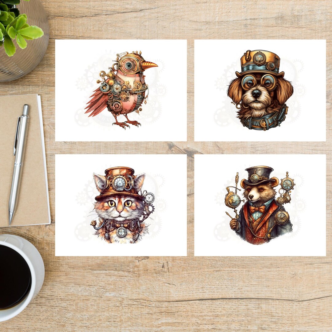 Steampunk Animals Set 1 | 4 Steampunk Animals | Set of 4 Postcards ...