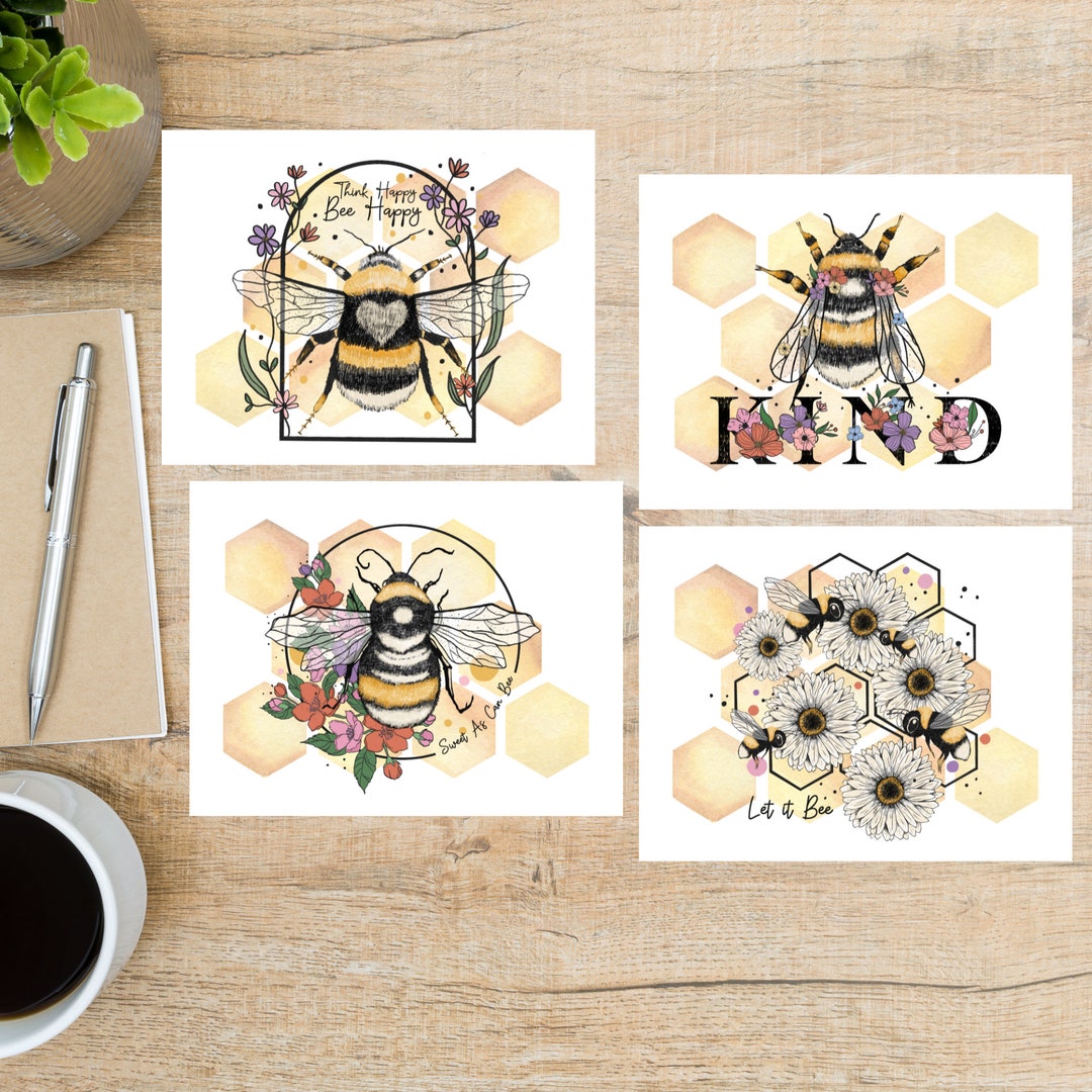 Bees and Flowers Postcard Set | 4 Postcards | 130 Thick Cardstock ...