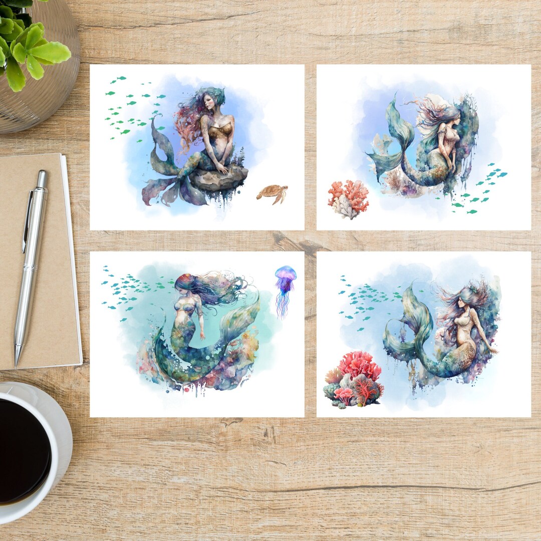 Watercolor Mermaids Postcard Set | 4 Postcards | 130 Thick Cardstock ...