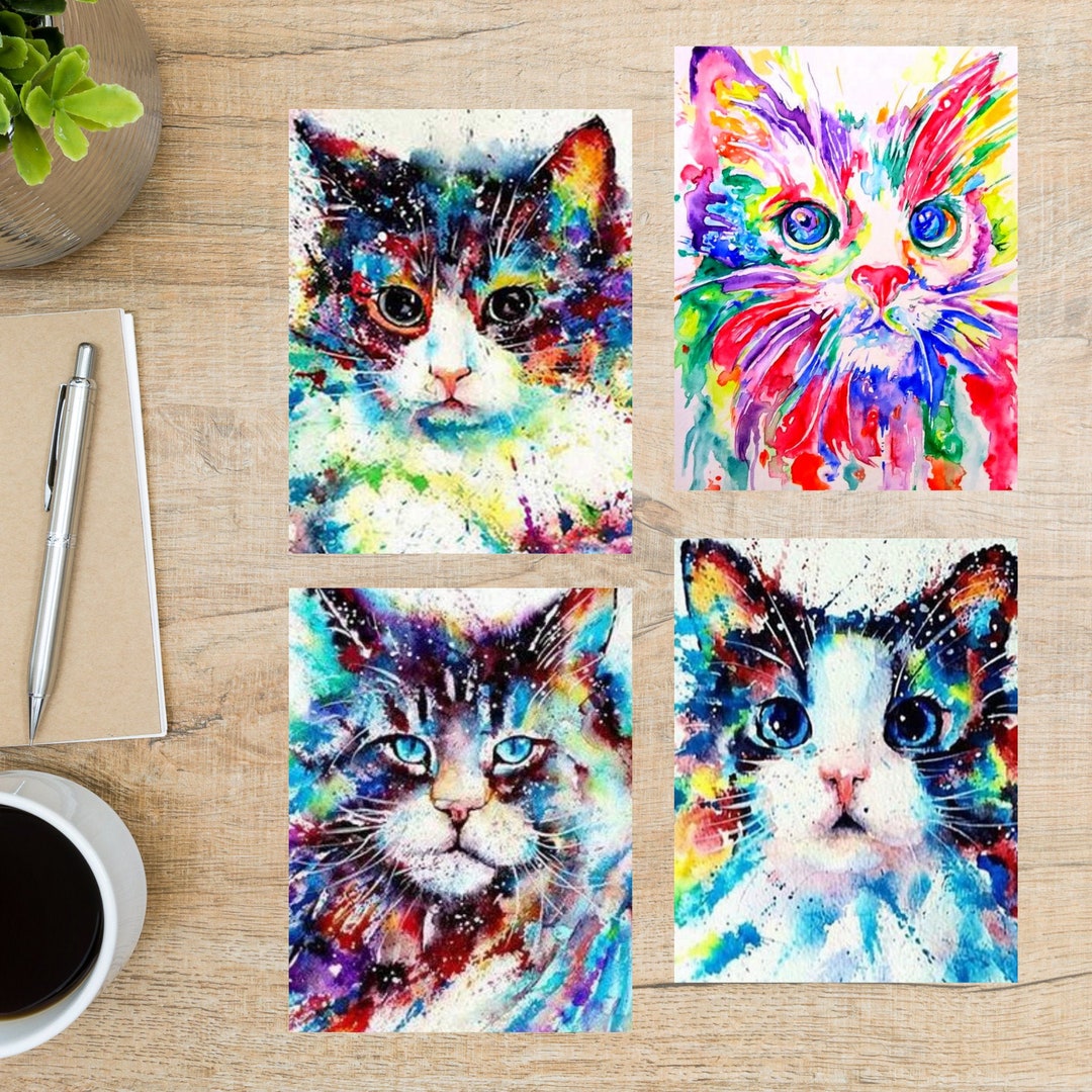 Watercolor Splash Cats Postcard Set 4 Postcards 130 Thick - Etsy