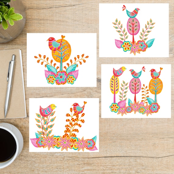 Scandinavian Folk Art Birds Postcard Set 4 Postcards 130 | Etsy
