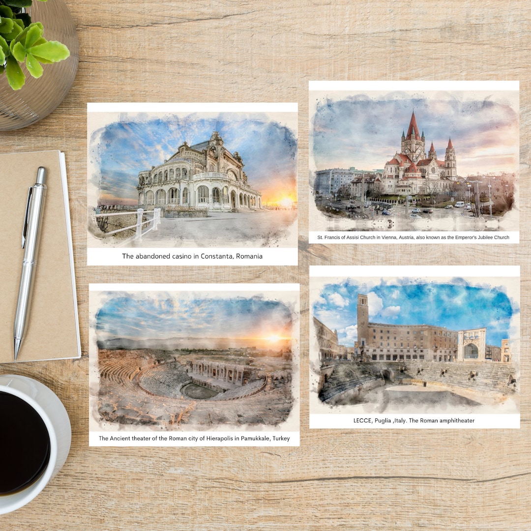 Watercolor Landmark Detailed Destinations Postcard Set | 4 Postcards ...