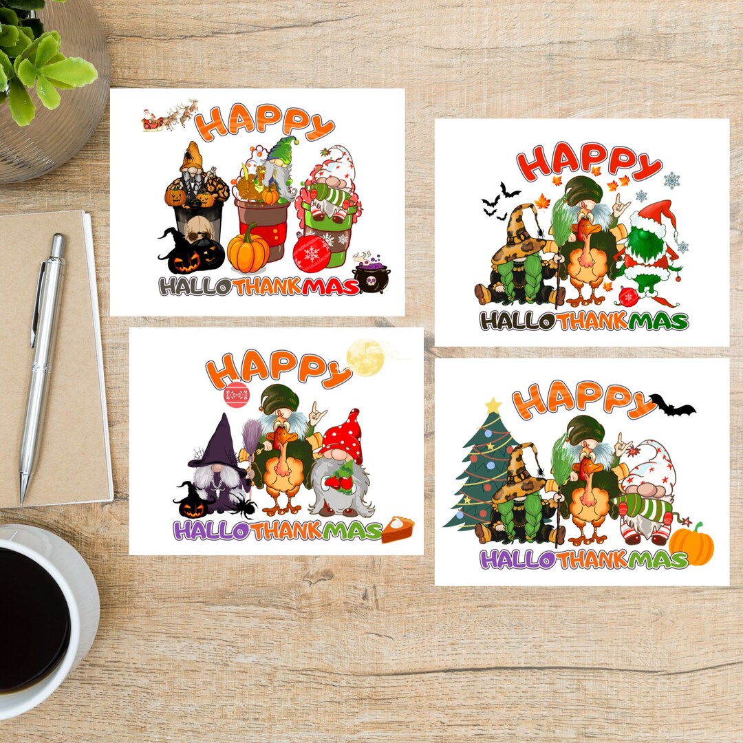 Hallothankmas Happy Halloween Thanksgiving Christmas Postcard Set | 4 ...