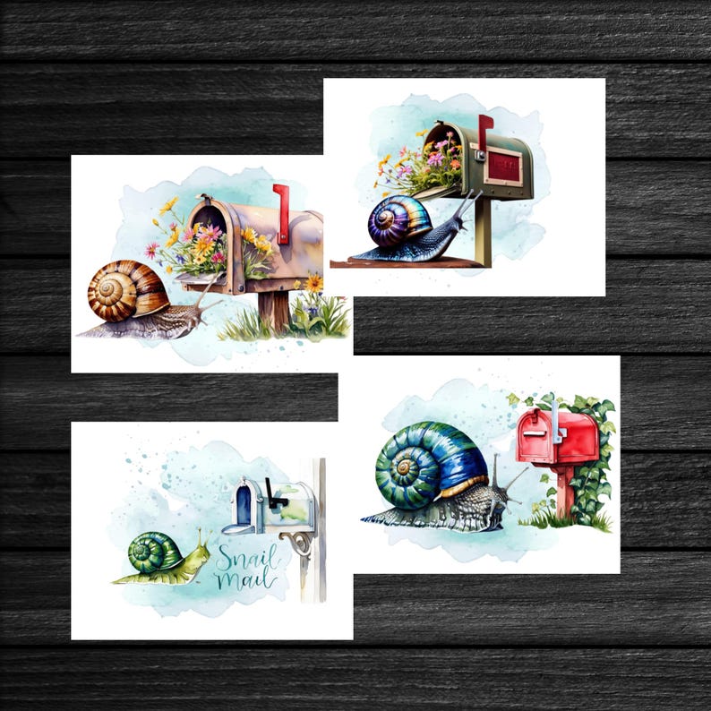 Watercolor Snails and Mailboxes Postcard Set | 4 Postcards | 130 Thick ...
