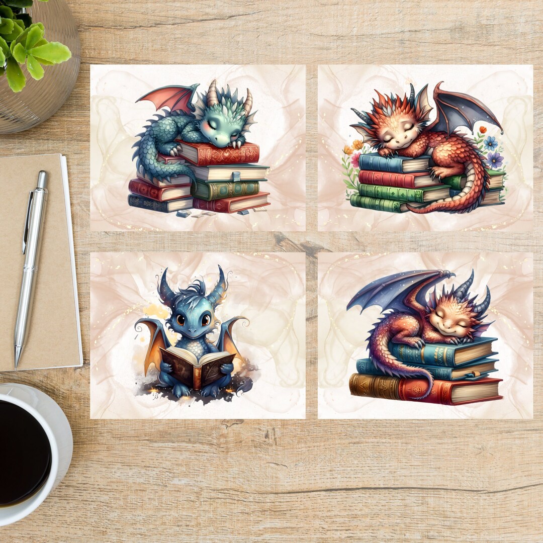 Books and Dragons Postcard Set | 4 Postcards | 130 Thick Cardstock | for Snail Mail, Postcard ...