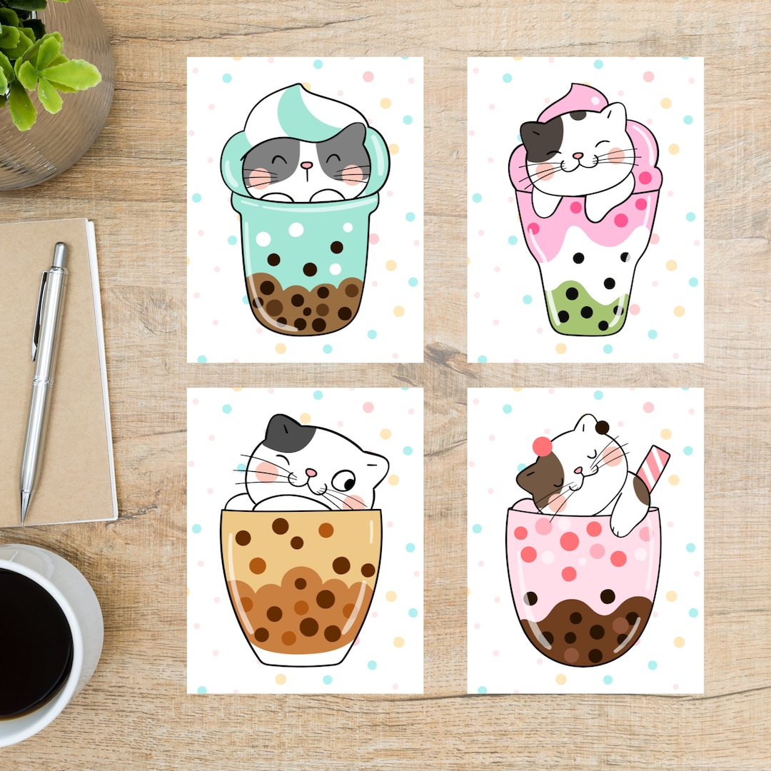 Bubble Tea Cats Postcard Set | 4 Postcards | 130 Thick Cardstock | for ...