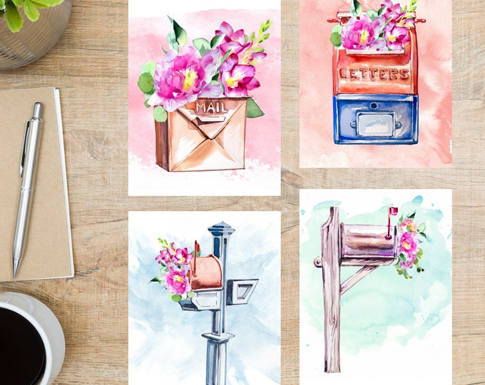 Watercolor Post Postcard Set 4 Postcards 130 Thick Cardstock Post Box ...