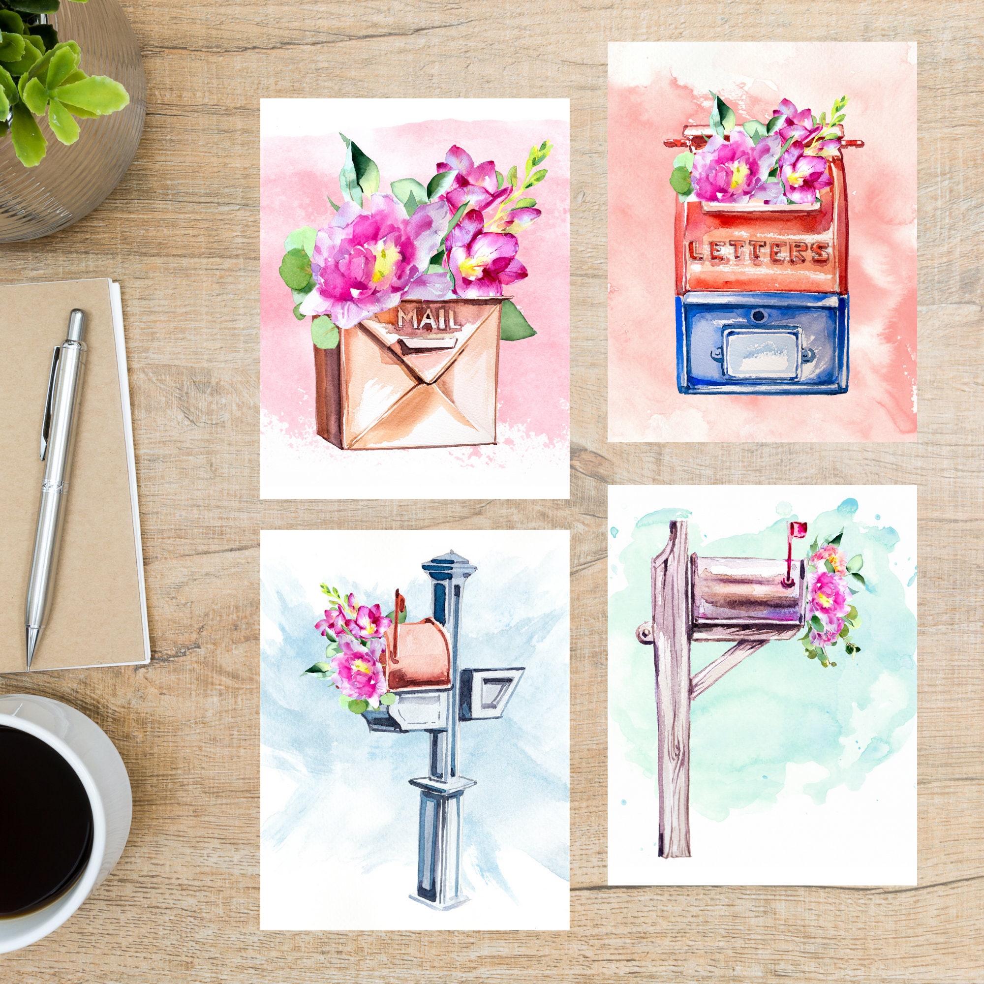 Watercolor Mailboxes and Flowers Postcard Set 4 Postcards - Etsy