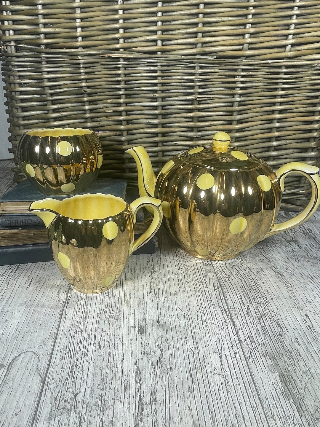 Vintage Gibsons Gold Spotty Tea Pot, Sugar Bowl and Creamer Milk Jug ...