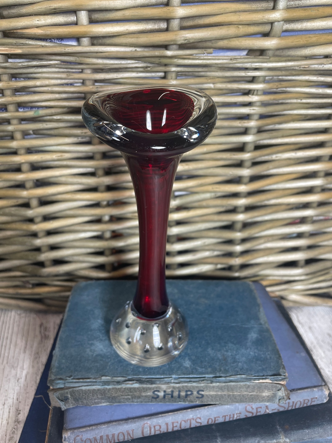 Vintage 1960s Whitefriar's Small Red and Clear Glass Vase Bubble Base ...
