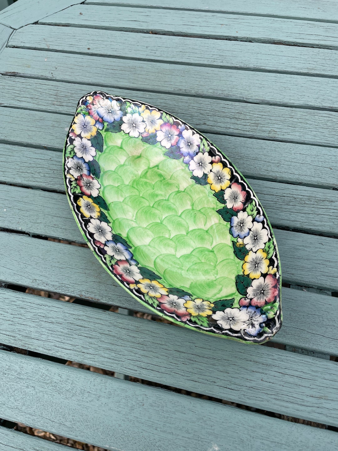 Vintage Maling Pottery Garland Design Floral Oval Dish Bowl Green ...