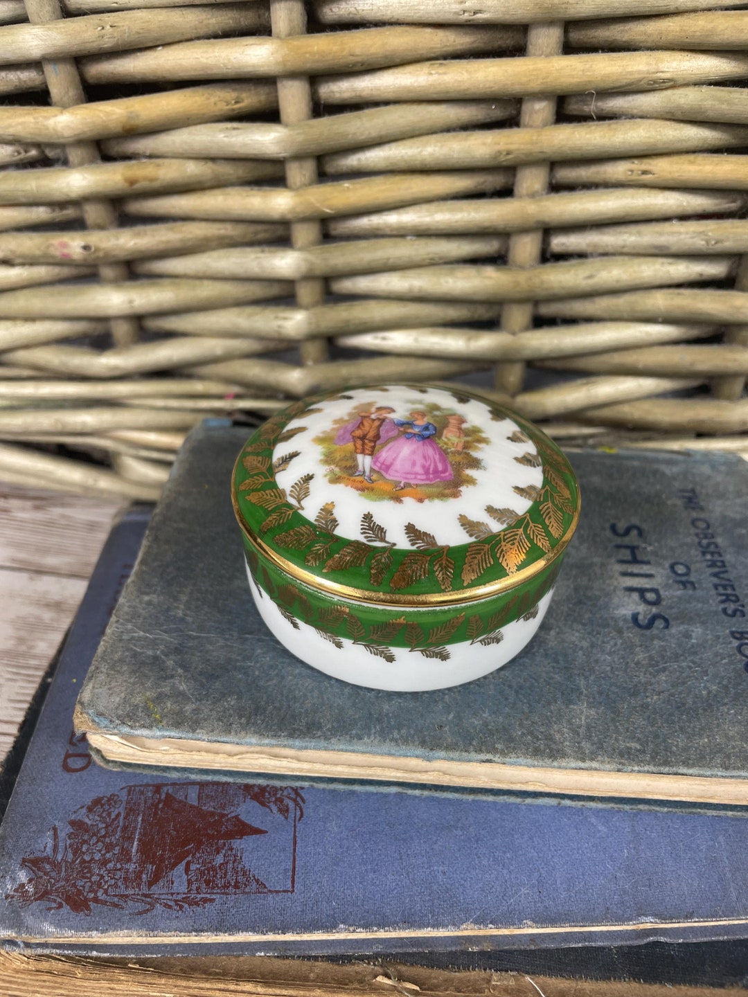 Vintage Limoges Green and Gold Porcelain Trinket Pot Lidded Round Rings ...