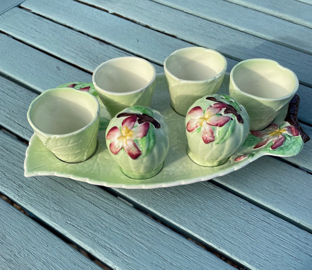 Vintage Carlton Ware Green Apple Blossom Hand Painted Egg Cup Cruet Set ...