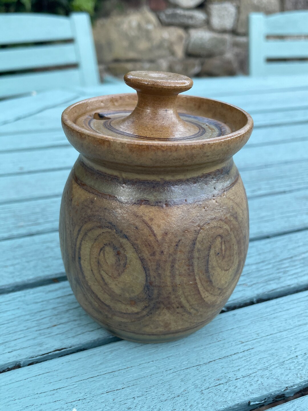 Vintage Condiment Jar Mustard / Pickle/ Brown Pottery Swirl Circle ...