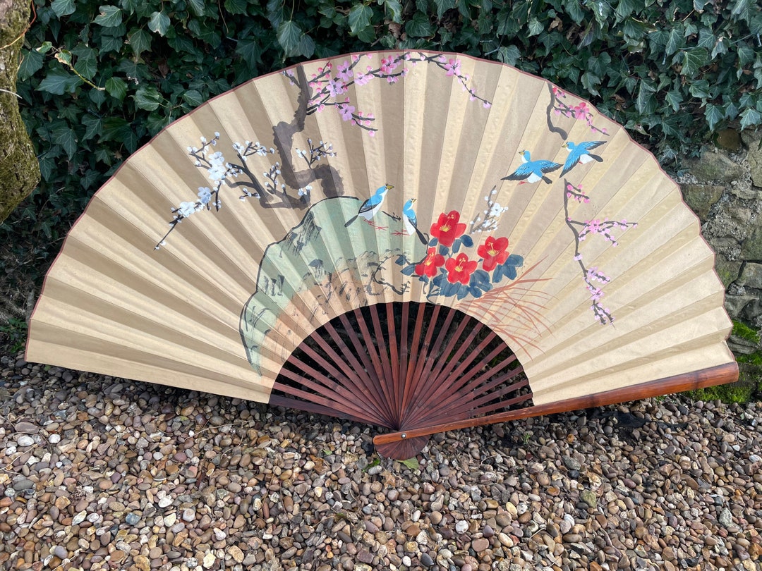 Vintage Oriental Large Hand Painted Wall Fan Decorative Bird Design ...