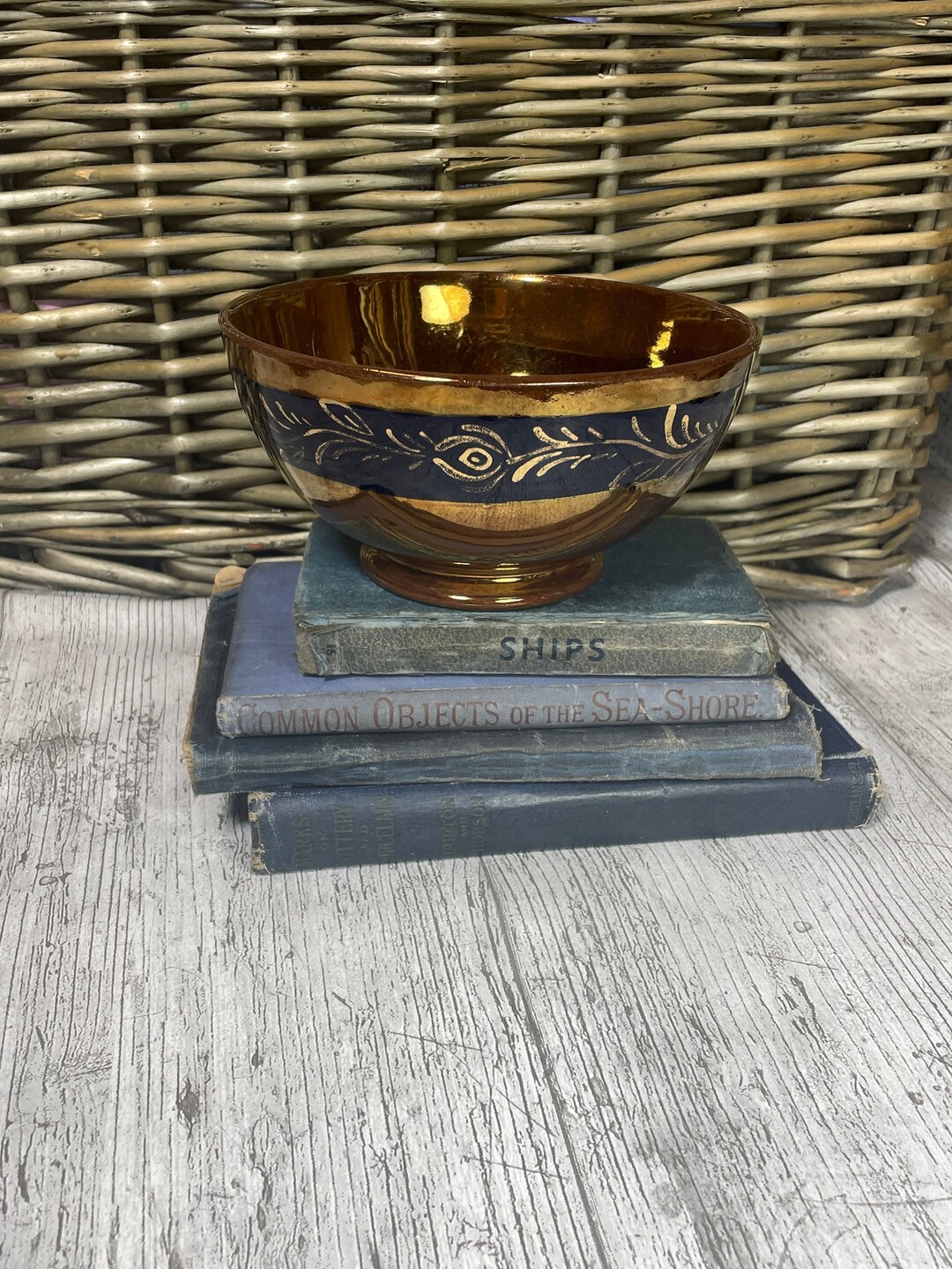 Vintage Victorian Copper Lustreware Bowl Original Blue Band 1890s - Etsy