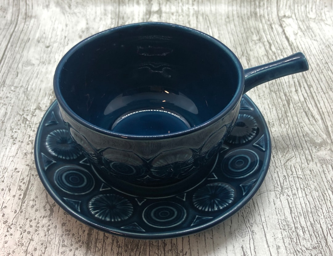 Tams Pottery Soup Bowl With Handle, Retro Blue Dish With Saucer, Table ...