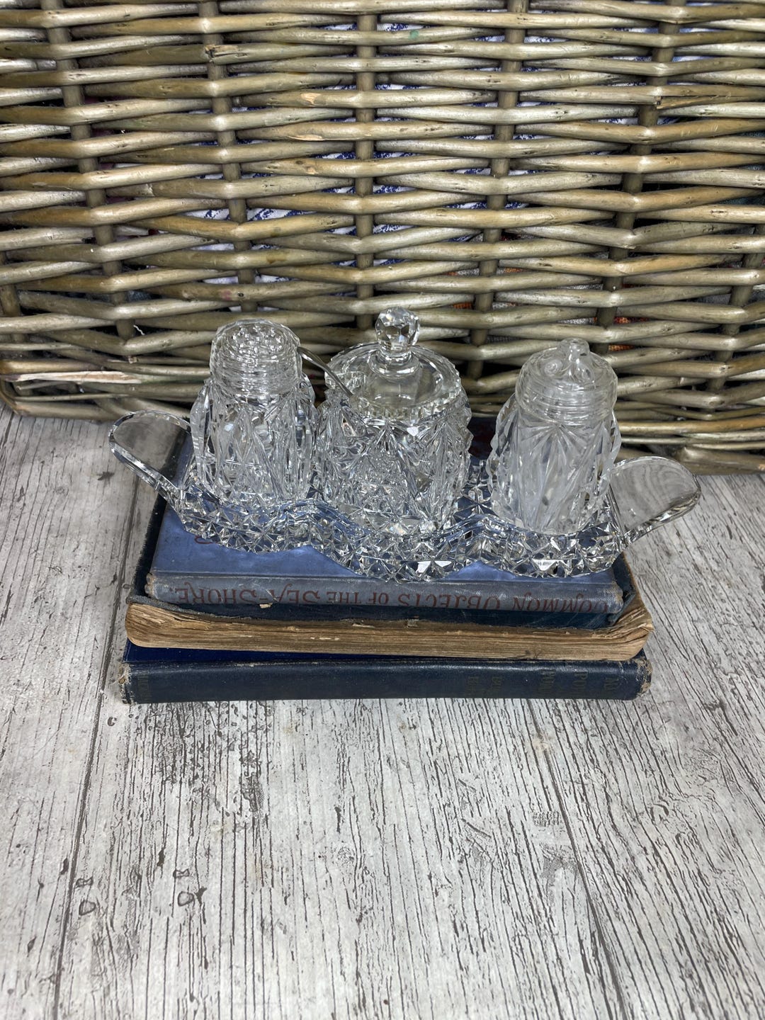 Vintage Clear Cut Glass Crystal 4 Piece Condiments Set Tray Salt and ...