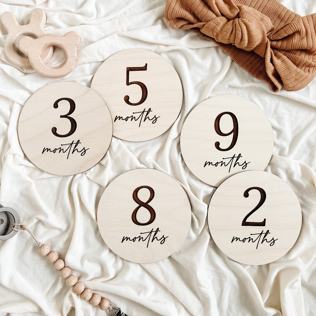 Wooden Monthly Milestone Discs | Modern Engraved Baby Photo Props ...