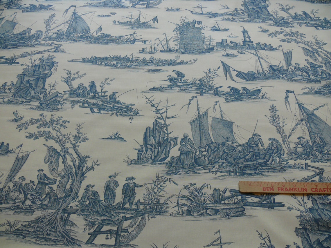 By Yard Scalamandre Marine Toile Print Blue on Cream Cotton Ship MSRP ...