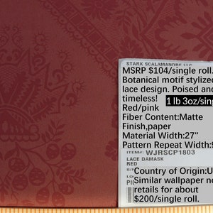 High End Wallpaper 5Y Single Roll Scalamandre Lace Damask Wallpaper Red ...