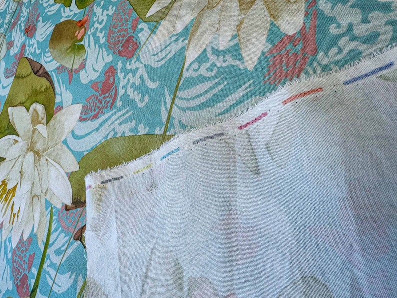 2.2y Scalamandre Fonthills Nenuphar Waterlily Lotus Pond Koi Fish Blue ...