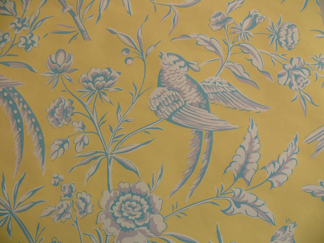 5Y Single Roll Scalamandre "aviary" Bird Chino Toile Wallpaper Yellow ...