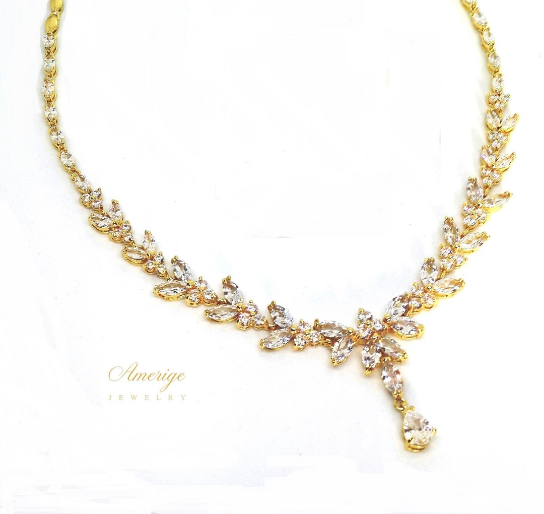 Gold Wedding Necklace, Gold Crystal Necklace, Yellow Gold Bridal ...