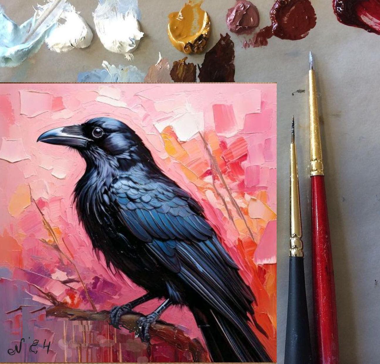 Raven Painting ORIGINAL ART on Canvas Textured Oil Artwork Animal Wall ...